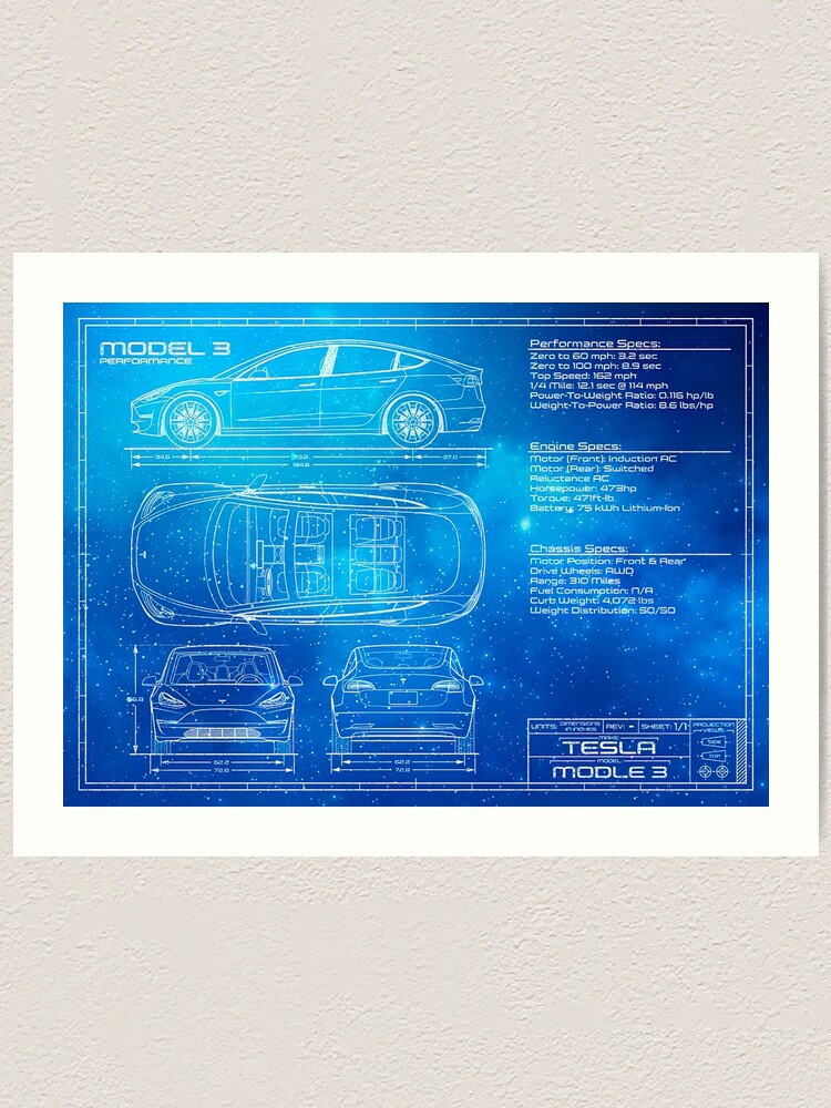 "Tesla Model 3 Blueprint Art" Art Print for Sale by helpTT | Redbubble