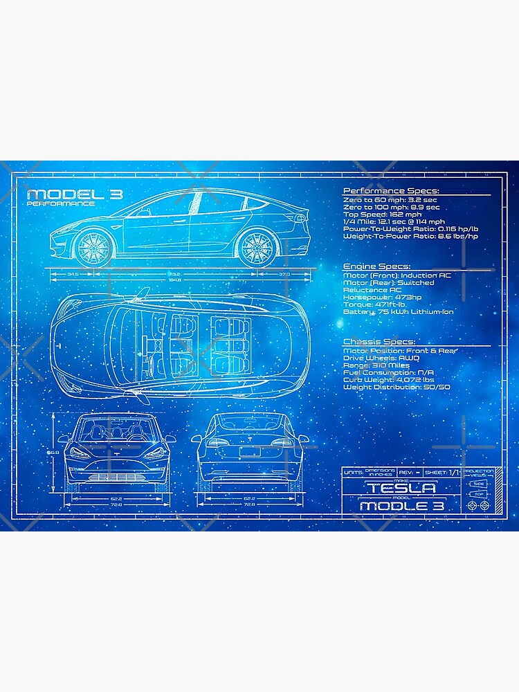 "Tesla Model 3 Blueprint Art" Art Print for Sale by helpTT | Redbubble