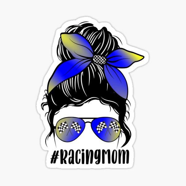 "Racing Mom Blue/Yellow Messy Bun" Sticker by ItsaMomThingLLC | Redbubble