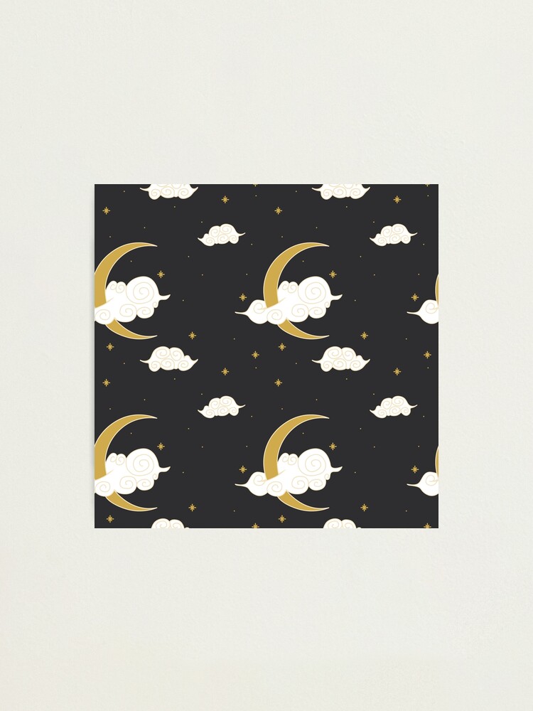 "Black & Gold Moon Cute pattern, celestial cartoonish design of a ...