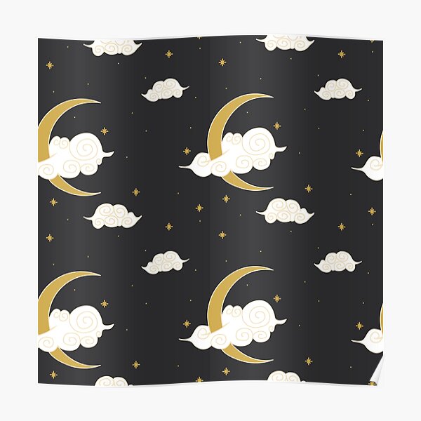 "Black & Gold Moon Cute pattern, celestial cartoonish design of a clowdy moon, sky & stars ...