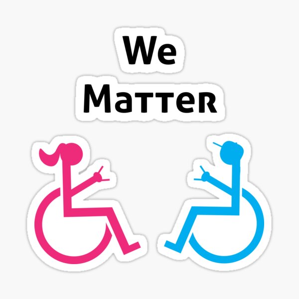 "WE Matter boy and girl in pink and blue Wheelchairs" Sticker for Sale ...