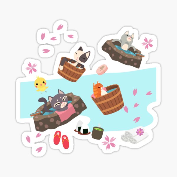 "Kawaii Cats Hot Spring Bath Time" Sticker by HiImWaka | Redbubble