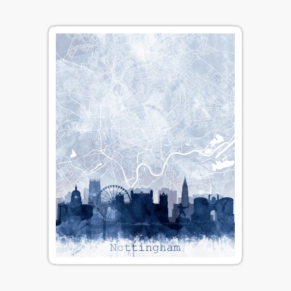 "Nottingham Skyline & Map Watercolor Navy Blue, Print by Zouzounio Art ...