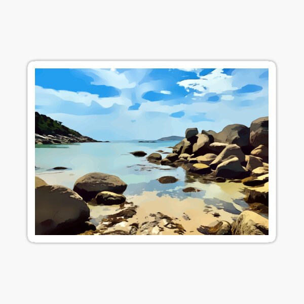 "Island Seascape - Rocks on the Beach (Digital Art)" Sticker by ...