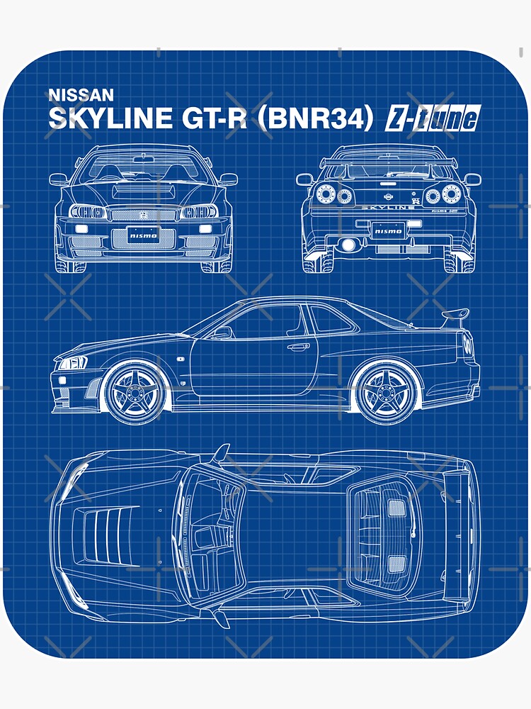 "Blueprint - Nissan Skyline GT-R (R34) Z-Tune (Blue)" Sticker for Sale ...