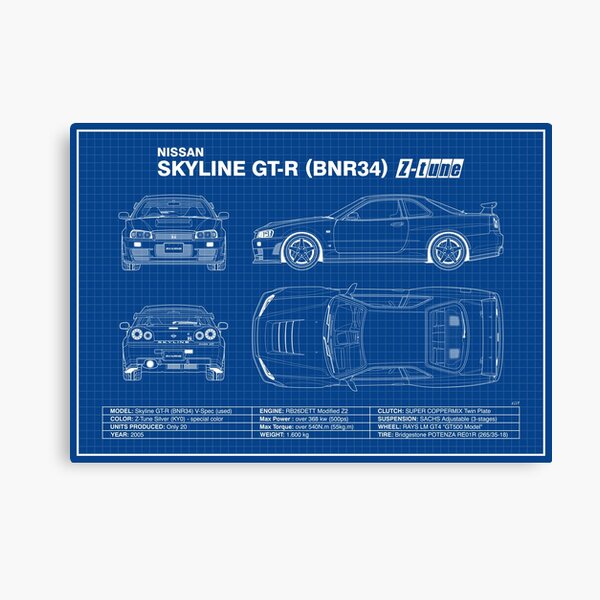 "Blueprint - Nissan Skyline GT-R (R34) Z-Tune (Blue)" Canvas Print for ...