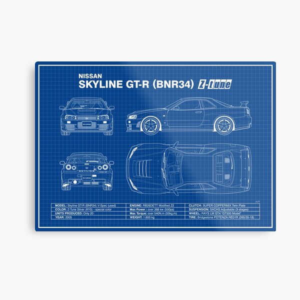 "Blueprint - Nissan Skyline GT-R (R34) Z-Tune (Blue)" Metal Print for ...