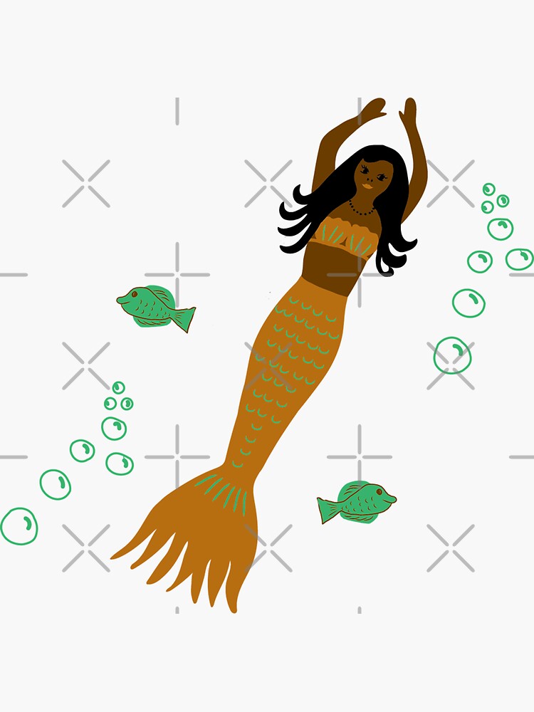 "Mermaid print with fish and bubbles mustard" Sticker for Sale by ...