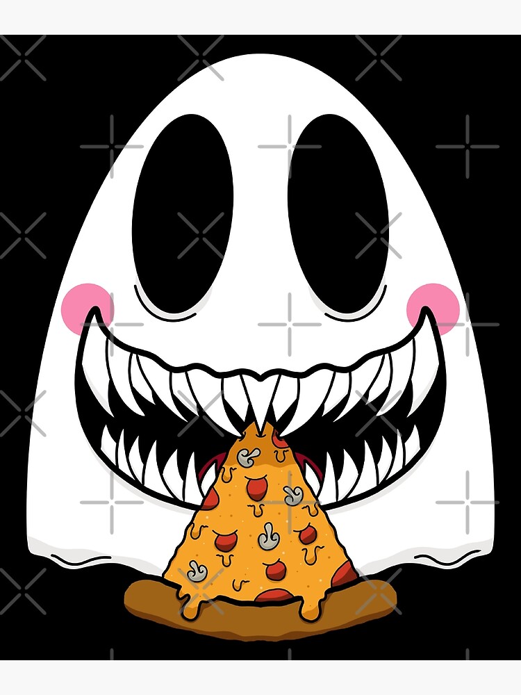 "Cute white ghost eating delicious pizza, Pizza Feeds My Soul" Poster ...