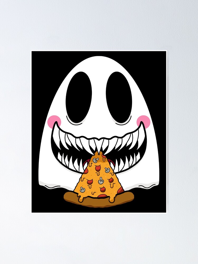 "Cute white ghost eating delicious pizza, Pizza Feeds My Soul" Poster ...