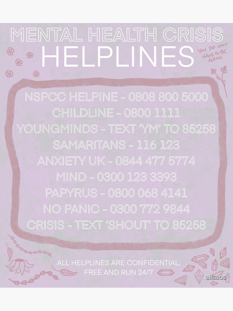 "Mental health crisis helplines UK" Poster for Sale by ailsaos | Redbubble