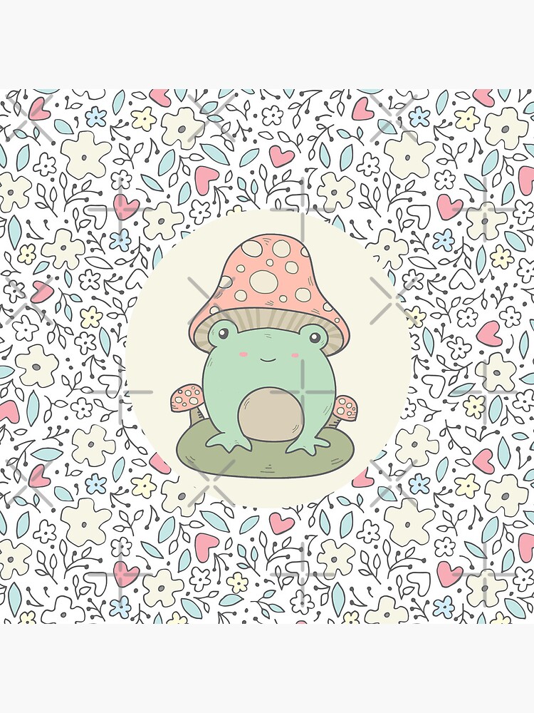 "Cute Cottagecore Frog Floral Pattern - White" Poster by GrimButterfly ...