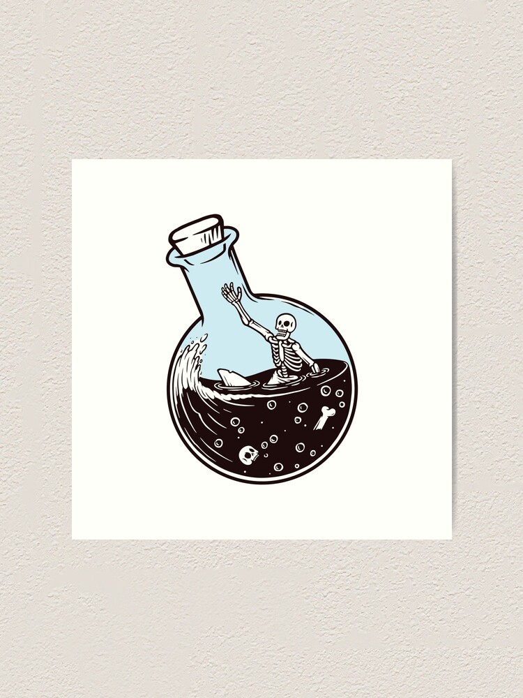 "skeleton lost in the sea inside a lab bottle" Art Print for Sale by ...