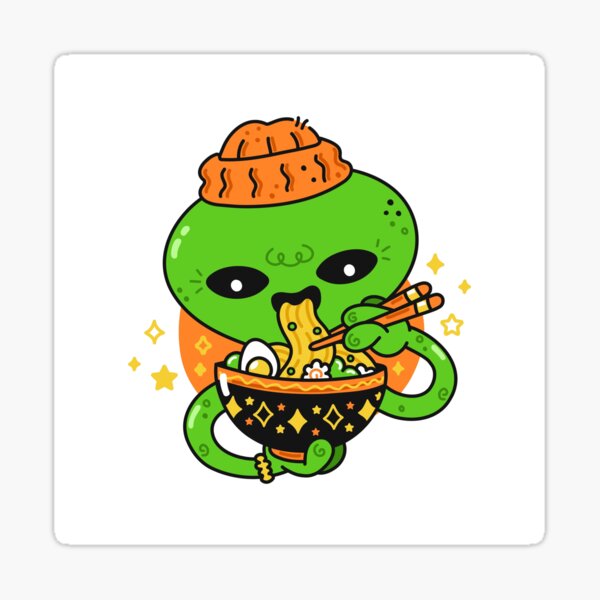 "Alien Eating Ramen - Cute Cartoon Kawaii Noodle Bowl " Sticker for ...