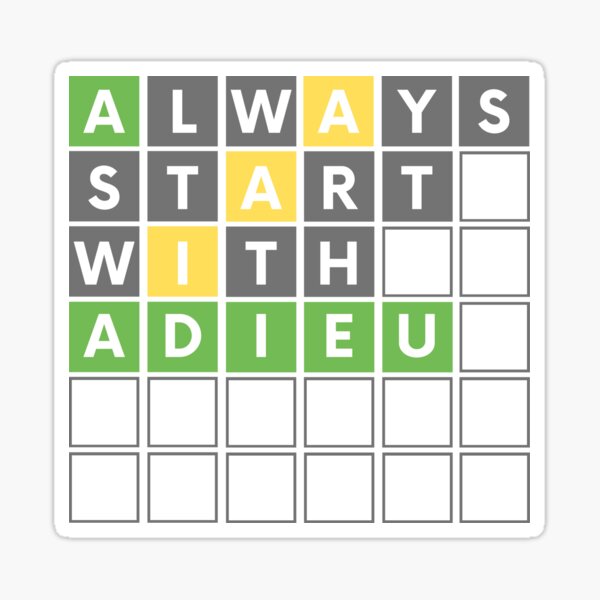"FUNNY WORD GAME ALWAYS START WITH ADIEU" Sticker by appareltolove ...