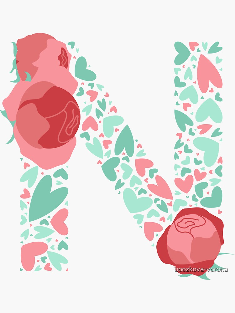 Pegatina «Monograma de la letra N con corazones y flores.» de boozkova ...