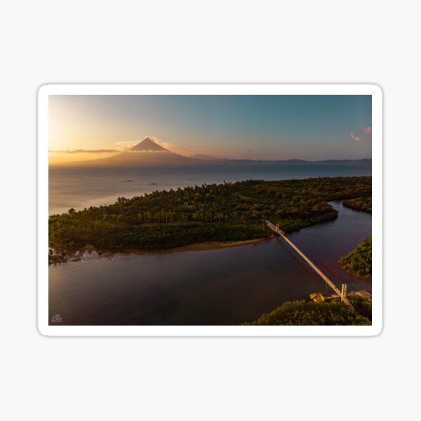 "Mayon Volcano aerial view with island and bridge" Sticker for Sale by ...