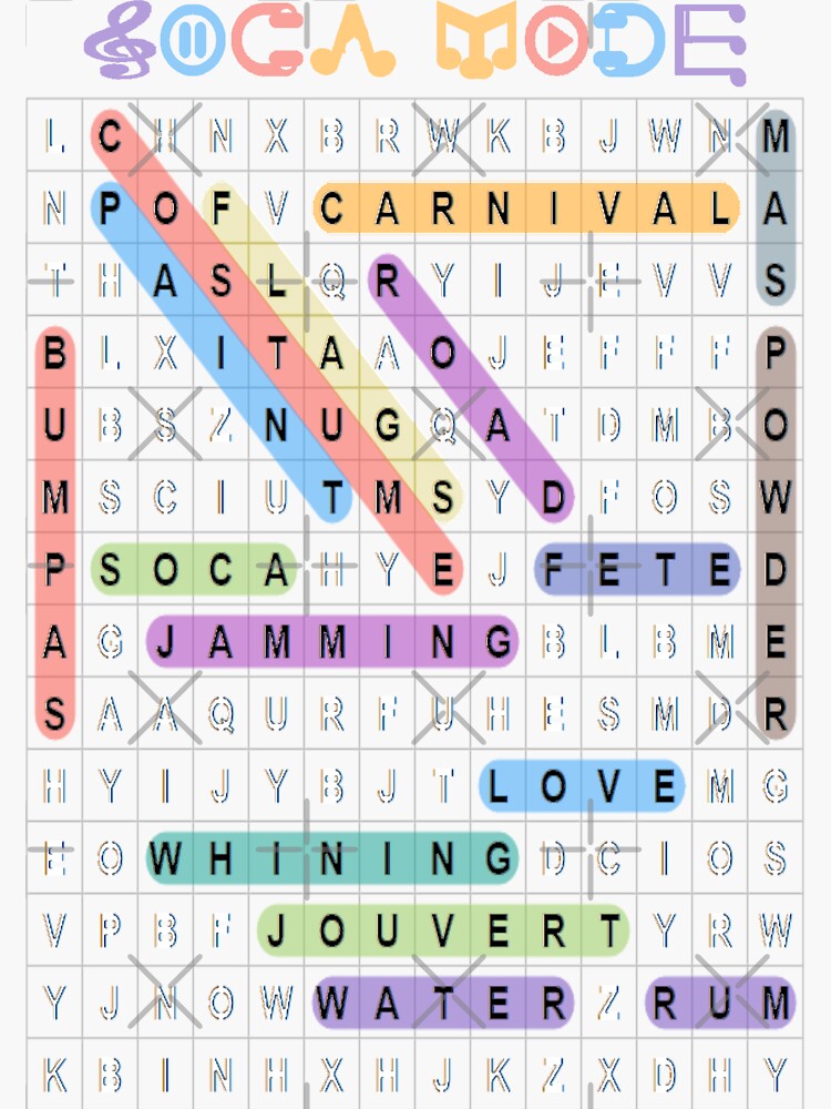 "Soca Music Culture Word Search Puzzle - Black and White Print" Sticker ...