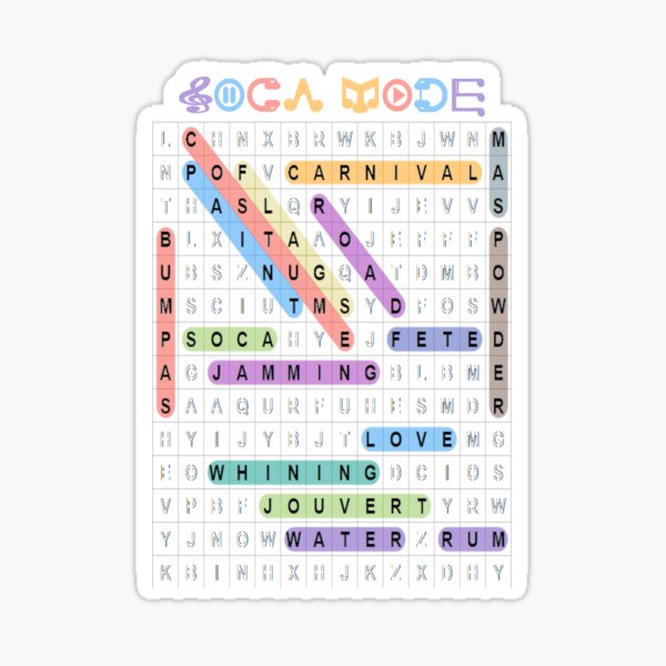 "Soca Music Culture Word Search Puzzle - Black and White Print" Sticker ...