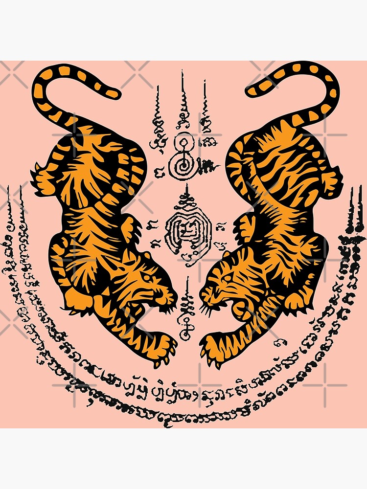 "sak yant, muay thai tattoo double tiger, twin tiger on peach" Poster ...