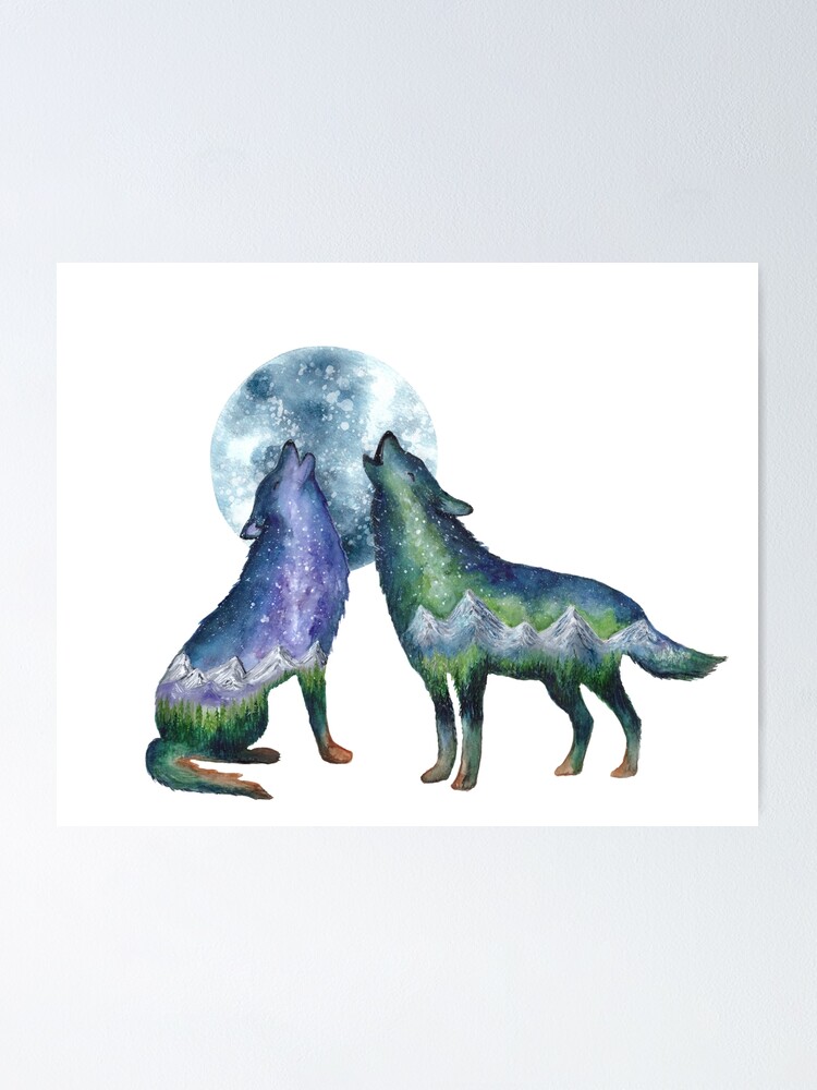 "Watercolour Galaxy Wolf Couple With Moon" Poster for Sale by ...