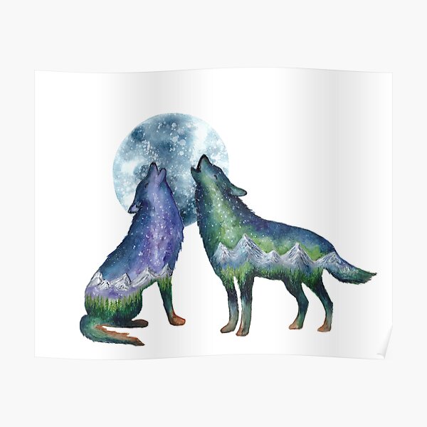 "Watercolour Galaxy Wolf Couple With Moon" Poster for Sale by ...