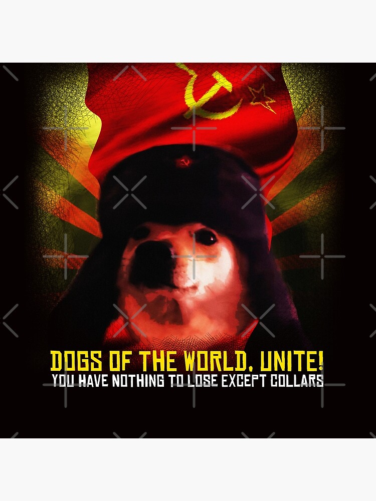 "Communist Comrade Doggo Meme Funny Doge dog Jimbo with Russia Sickle and star on red background ...
