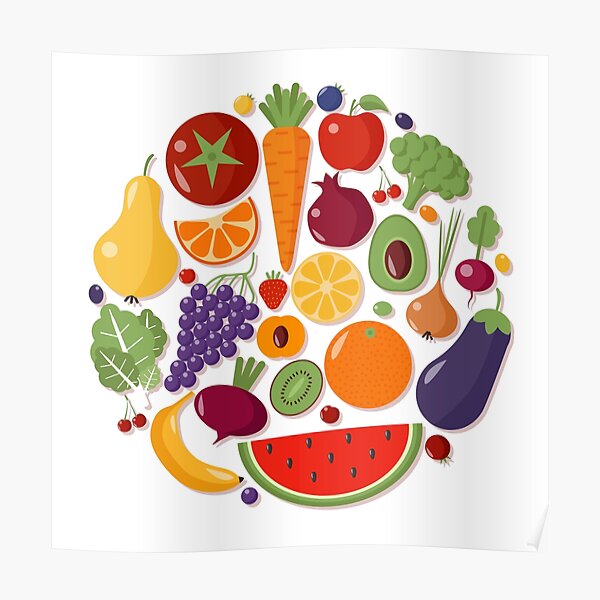 "Healthy Food Set of Fruits and Vegetables in Flat Style" Poster for ...