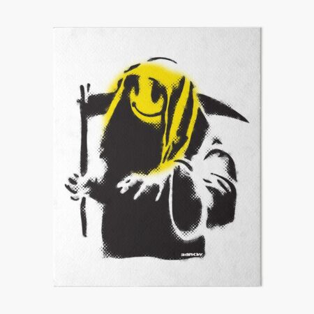 "Banksy graffiti Grim reaper with smiley face yellow and white ...