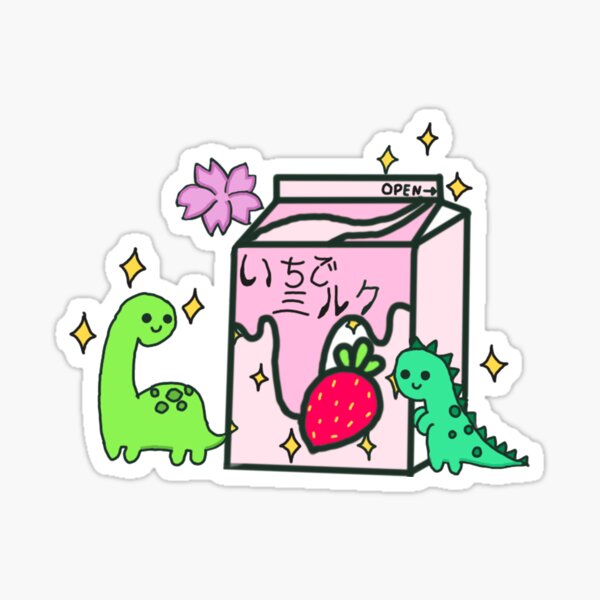 "Cute strawberry milk with two dinosaurs next to it." Sticker by PAIMON ...