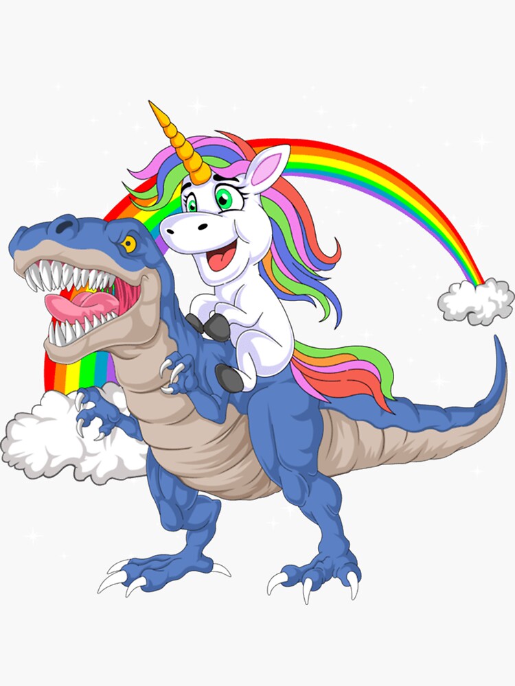 "Unicorn Riding Dinosaur" Sticker by IzabellaFarrell | Redbubble