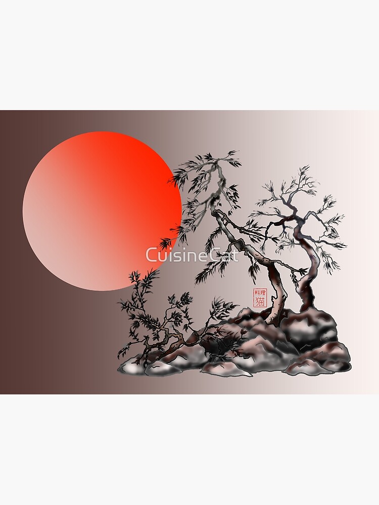 Japanese Pine Trees Under A Red Rising Sun Premium Matte Vertical Poster