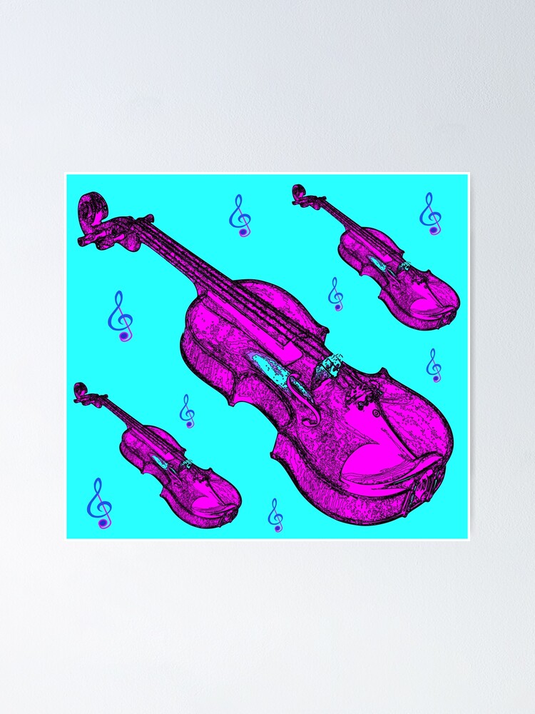 "Artsy Hot Pink Violins on a Light Blue Background Design" Poster for ...