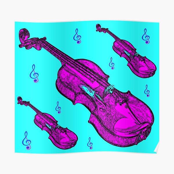 "Artsy Hot Pink Violins on a Light Blue Background Design" Poster for ...