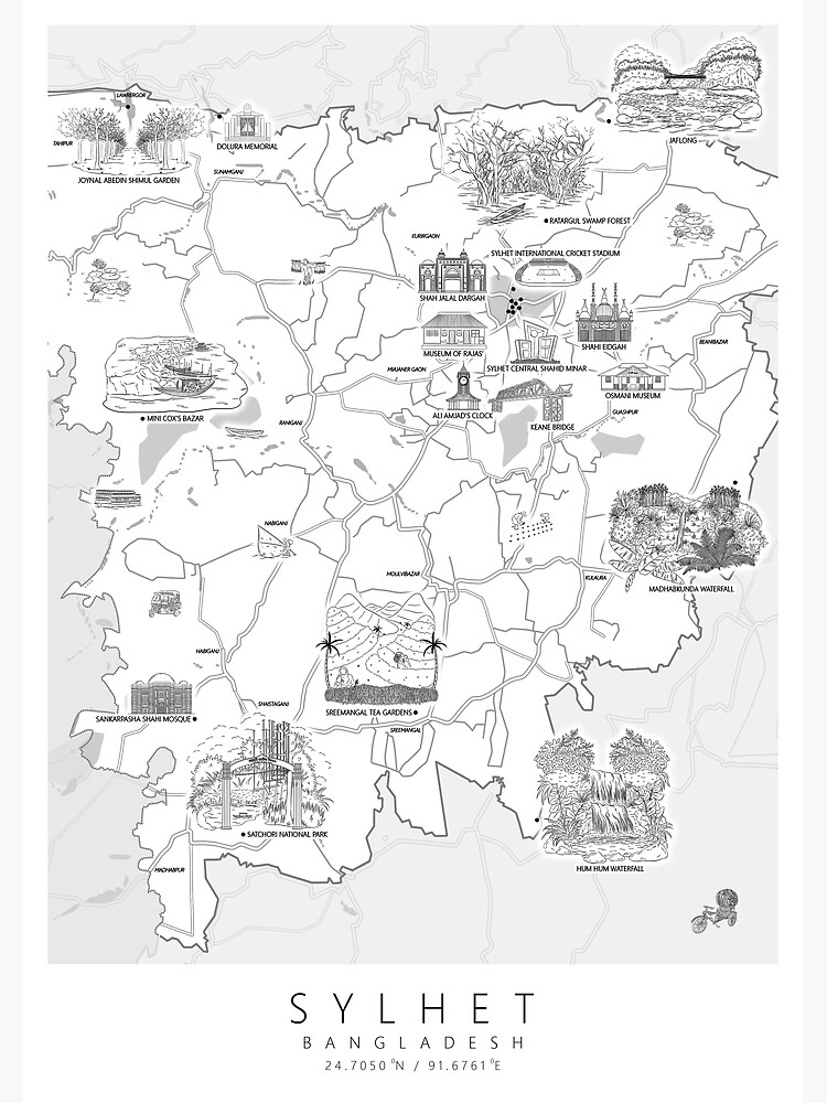 "Sylhet Bangladesh Travel Map with Landmark Illustrations in Black and ...