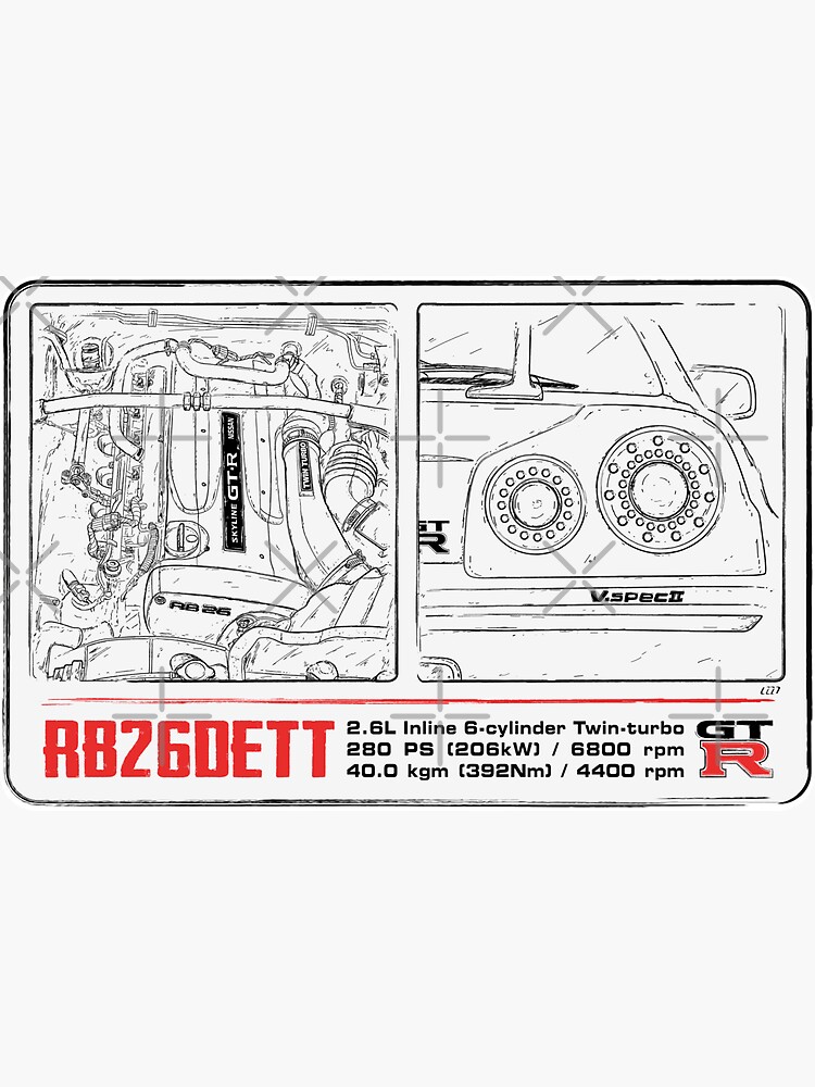 "RB26DETT Engine_v2 (light color)" Sticker by m-arts | Redbubble