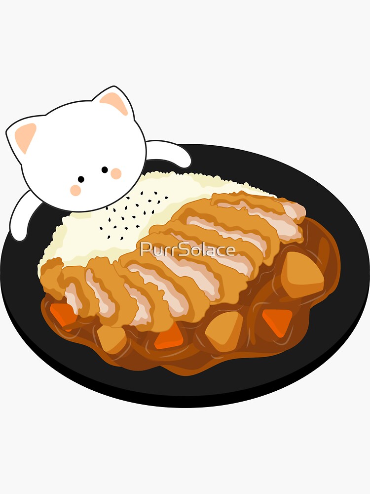 "Cute White Cat Eating Chicken Curry" Sticker by PurrSolace | Redbubble