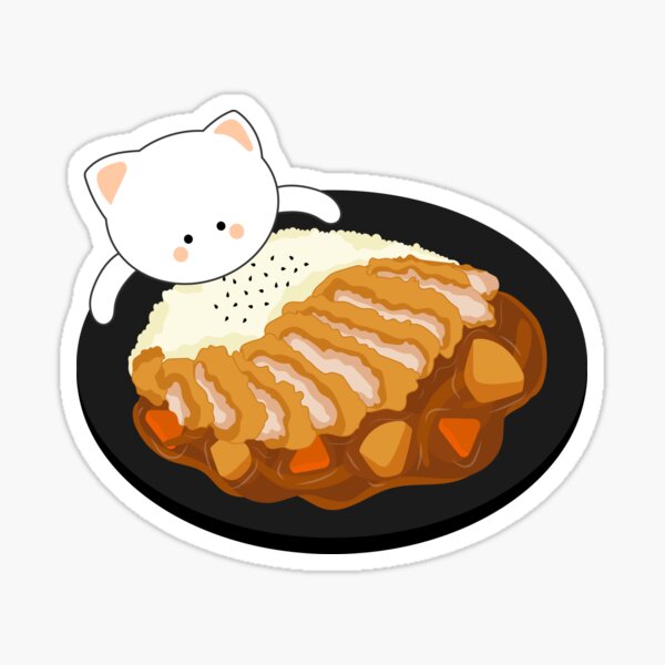 "Cute White Cat Eating Chicken Curry" Sticker by PurrSolace | Redbubble