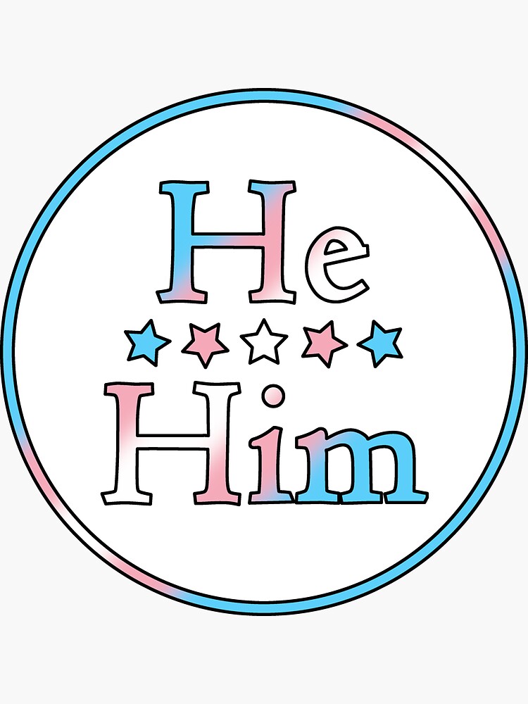 "He/Him trans pride pronoun decal" Sticker by snarkberry | Redbubble