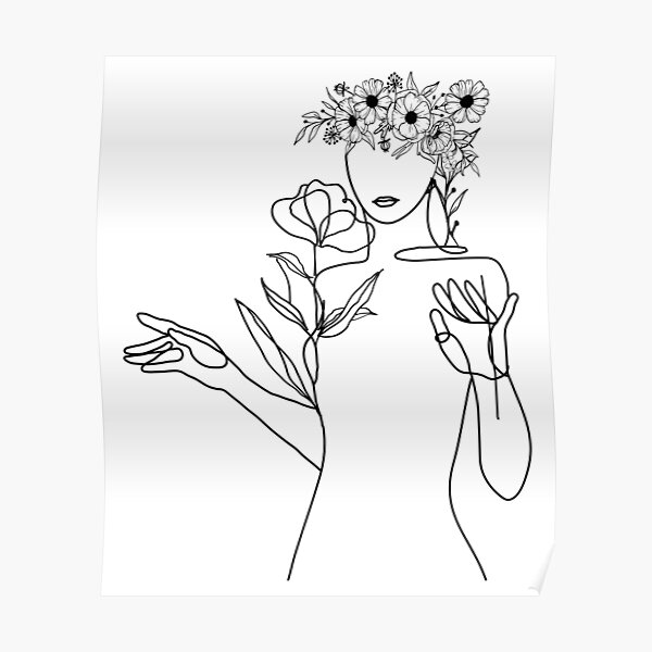 Minimal Line Art Woman With Flowers Art Poster By Zackup Redbubble