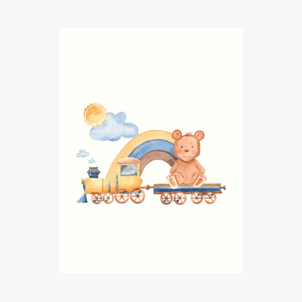 "Cute little bear | locomotive train carriage | sun cloud and rainbow ...