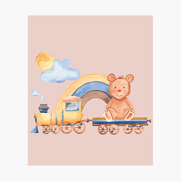 "Cute little bear | locomotive train carriage | sun cloud and rainbow ...