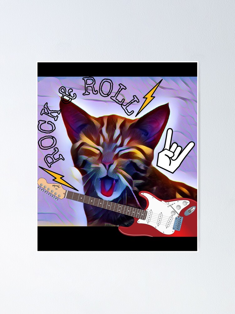 "Rock and Roll Cool Cat with a Red Electric Guitar" Poster for Sale by ...