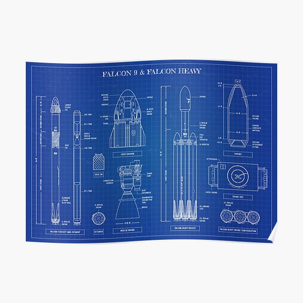 "SPACEX: Falcon 9 & Falcon Heavy (Blueprint)" Poster for Sale by ...