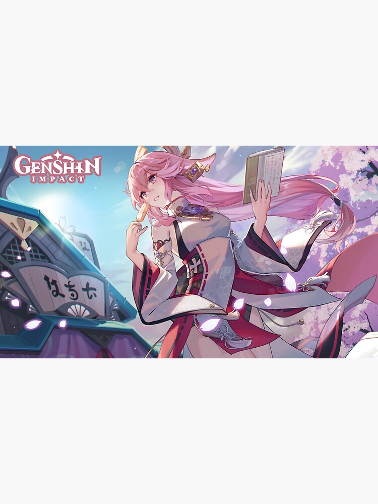 Pegatina «Genshin Impact - Yae Miko (Ilustración con logotipo)» de JapaneseGoods | Redbubble