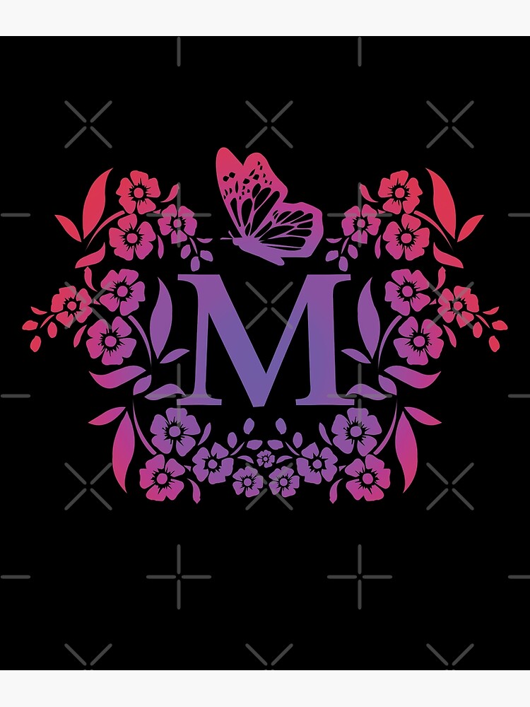 Póster «Letra ornamental M, mariposa de corazón púrpura y rojo, adorno ...