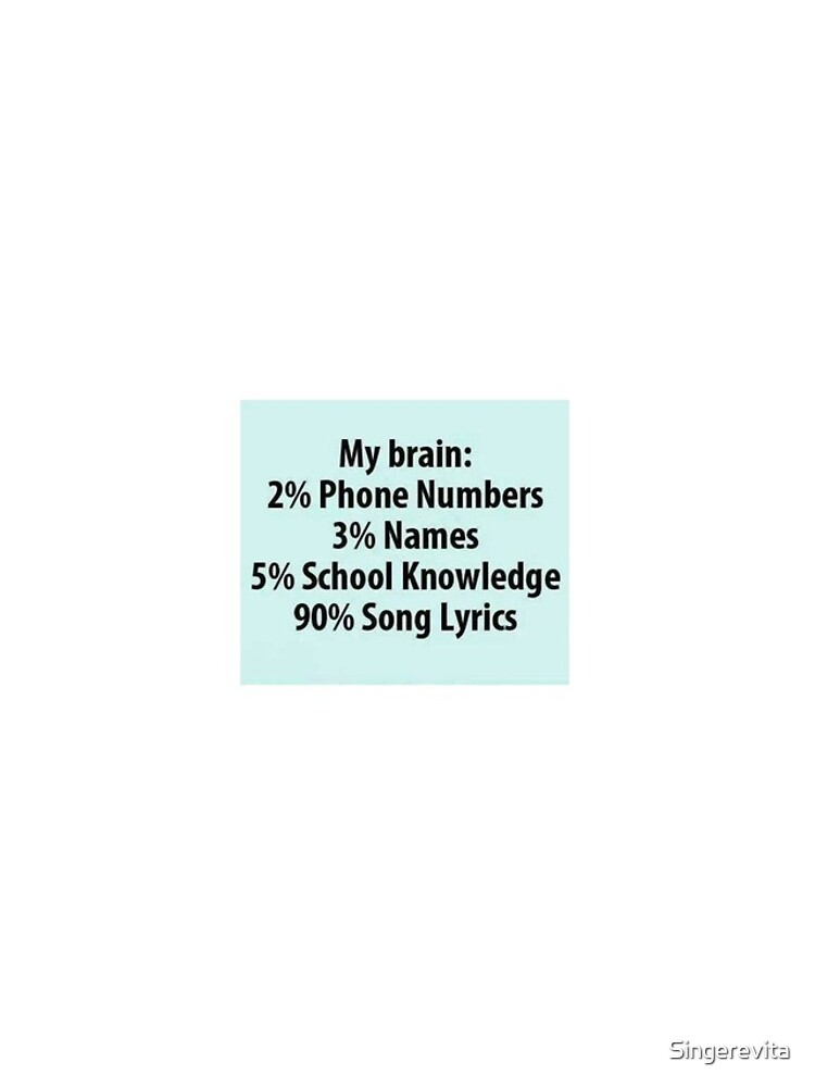 "My brain : 2% phone numbers, 3 % names , 5 % school knowledge, 90 % ...