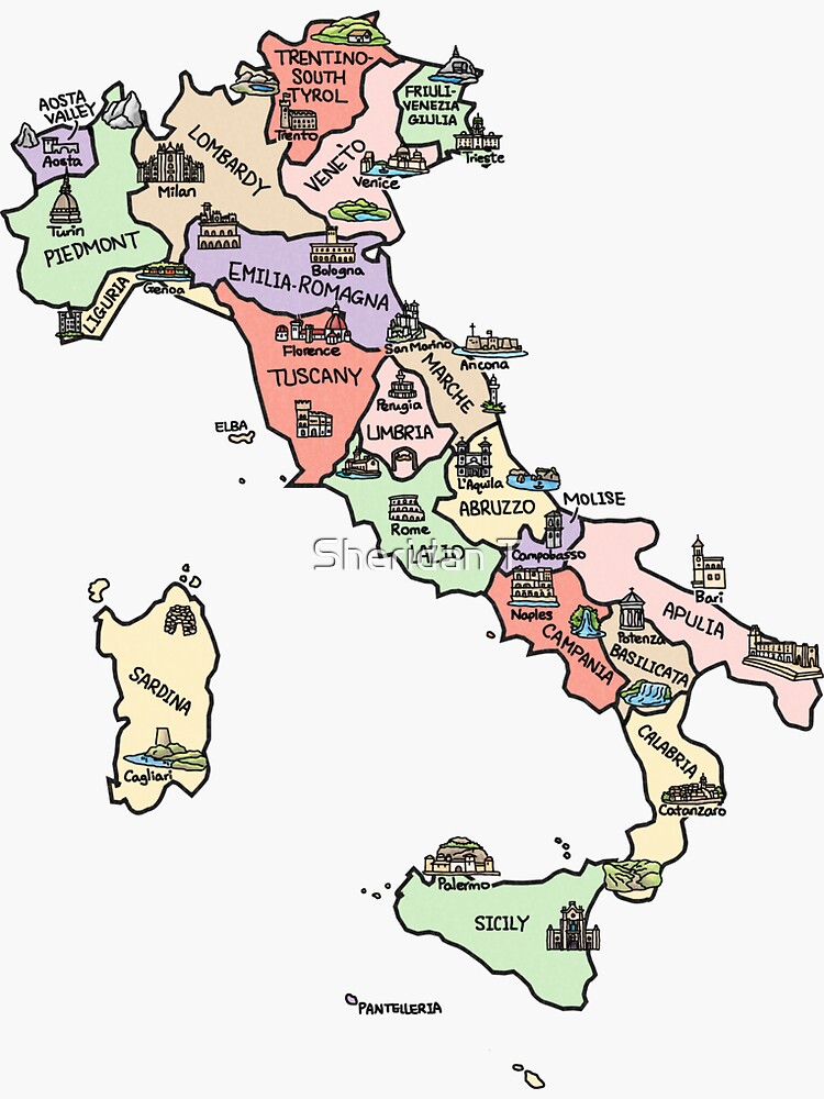 "Colorful Map of Italy " Sticker by sheridanartwork | Redbubble
