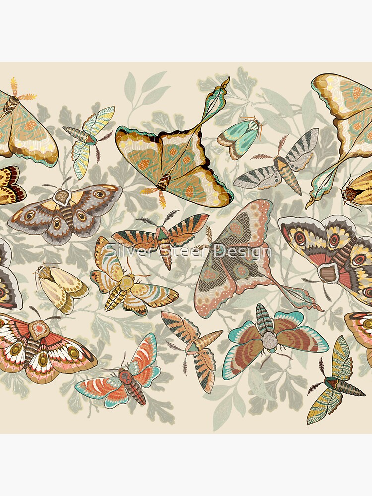 "Butterflies and Moths Horizontal Design on an ivory foliage background ...